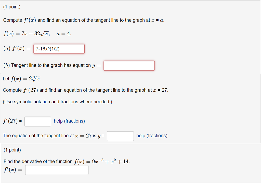 Solved (1 point) Compute f'(x) and find an equation of the | Chegg.com