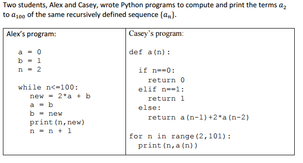 Solved Two students, Alex and Casey, wrote Python programs | Chegg.com