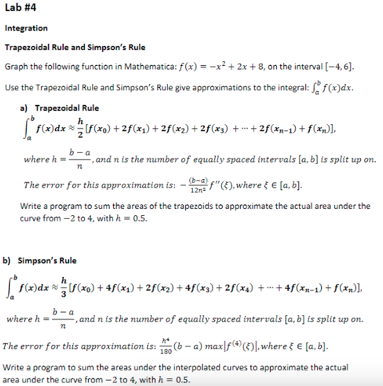 Lab #4 Integration Trapezoidal Rule and Simpson's | Chegg.com