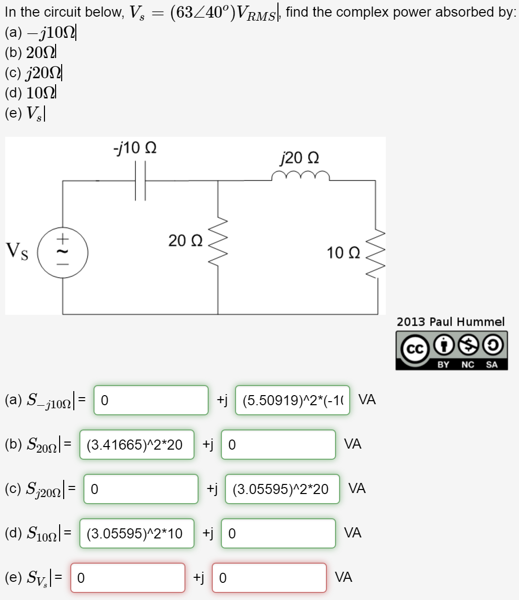 Solved In the circuit below, Vs=(63∠40o)VRMS, find the | Chegg.com