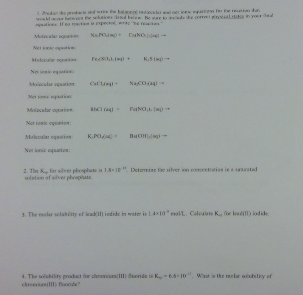 Solved I. Predict the products and write the balanced | Chegg.com