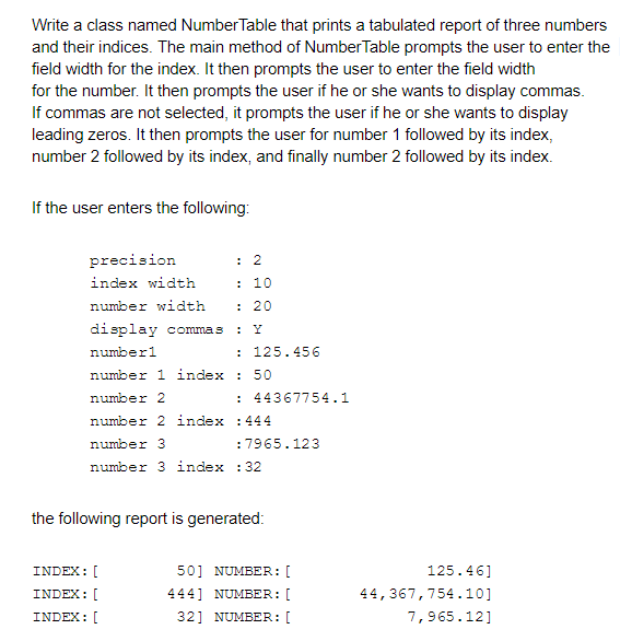 Solved Write a class named Number Table that prints a | Chegg.com