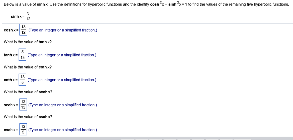 Solved Below is a value of sinh x Use the definitions for | Chegg.com
