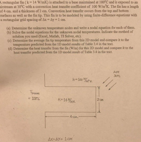 Solved rectangular fin ( k = 14 W/mK) is attached to a base | Chegg.com