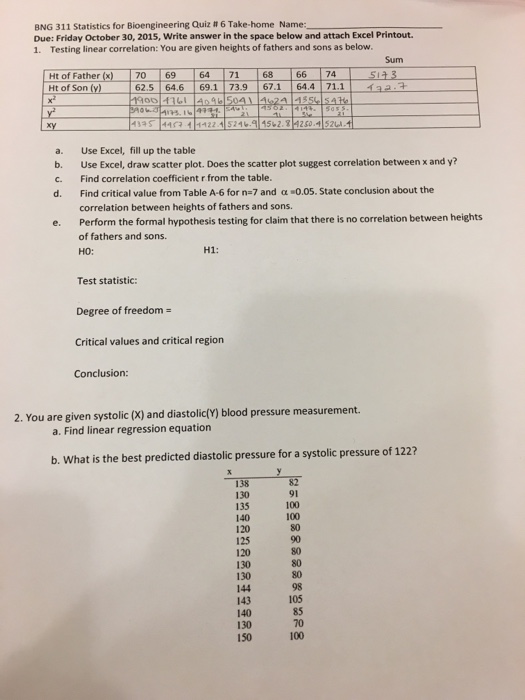 Solved BNG 311 Statistics for Bioengineering Quiz # 6 | Chegg.com