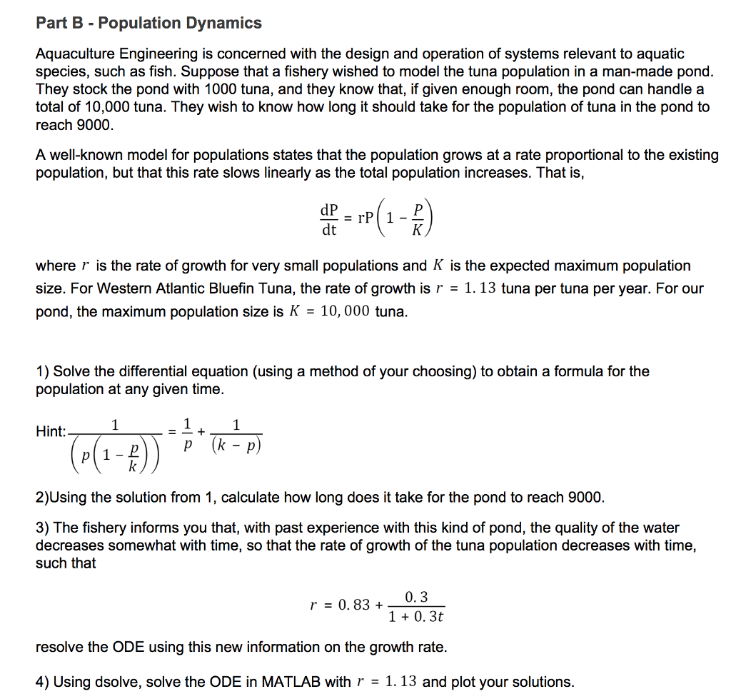Solved Part B - Population Dynamics Aquaculture Engineering | Chegg.com