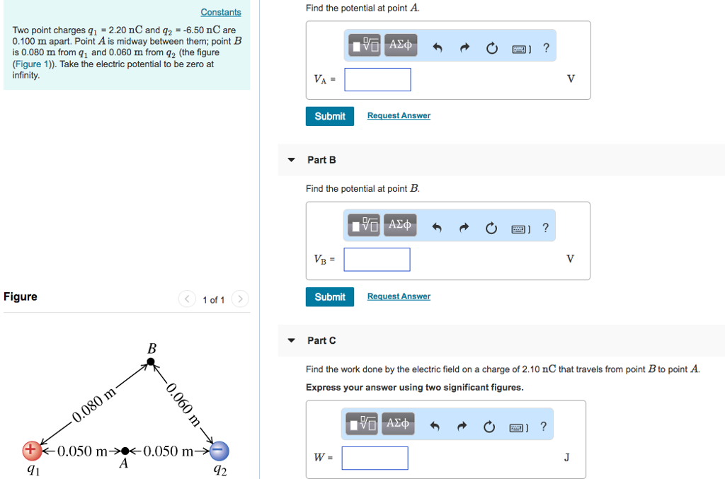 Solved Find the potential at point A Two point charges q1 = | Chegg.com