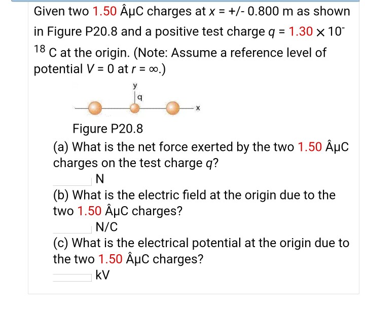 Solved Given two 1.50 ApC charges at x = +/-0.800 m as shown | Chegg.com