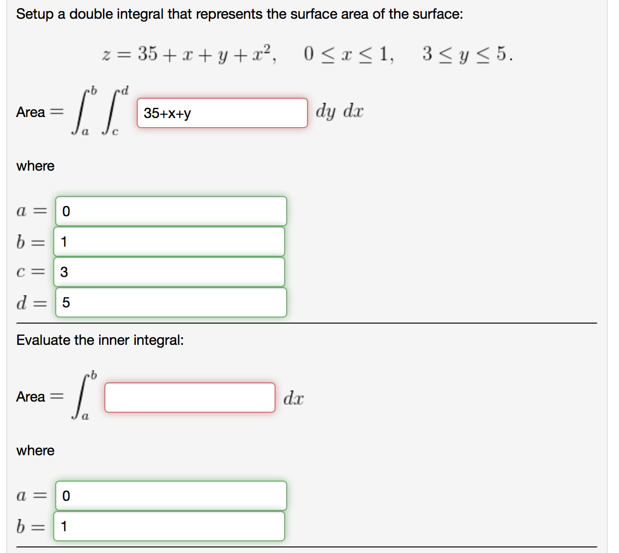 Solved Setup a double integral that represents the surface | Chegg.com