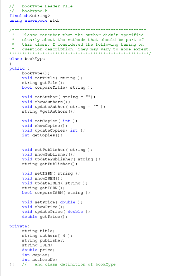 Solved bookType Header FIle // bookType. h #1 nclude using | Chegg.com