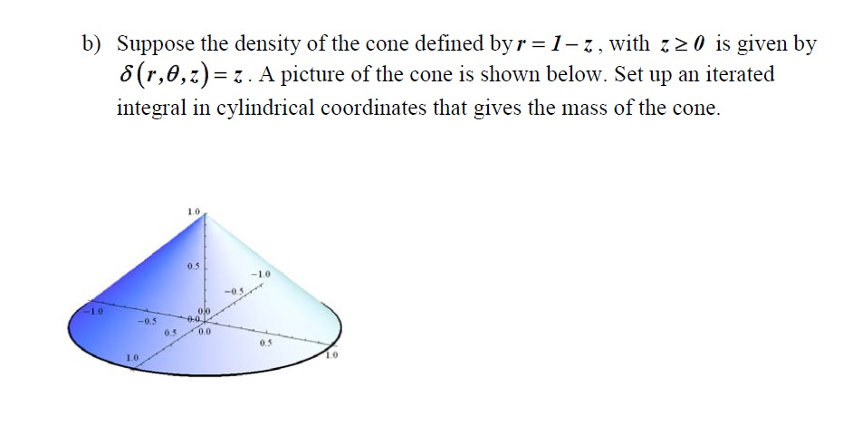Solved Suppose the density of the cone defined by r = | Chegg.com