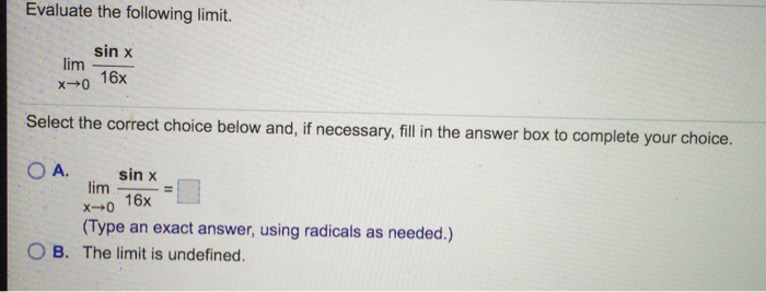 Solved Evaluate the following limit. Lim_x rightarrow sin | Chegg.com