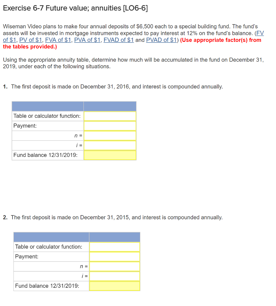 Solved Exercise 6-7 Future value, annuities LLO6-6] Wiseman | Chegg.com