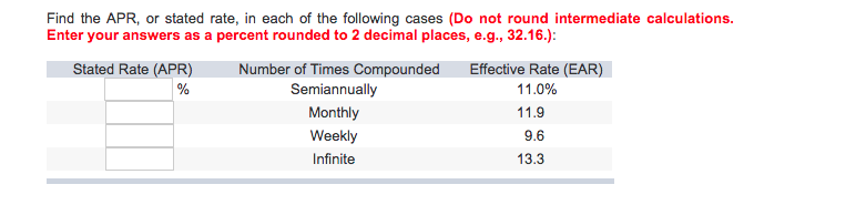Solved Find the APR, or stated rate, in each of the | Chegg.com