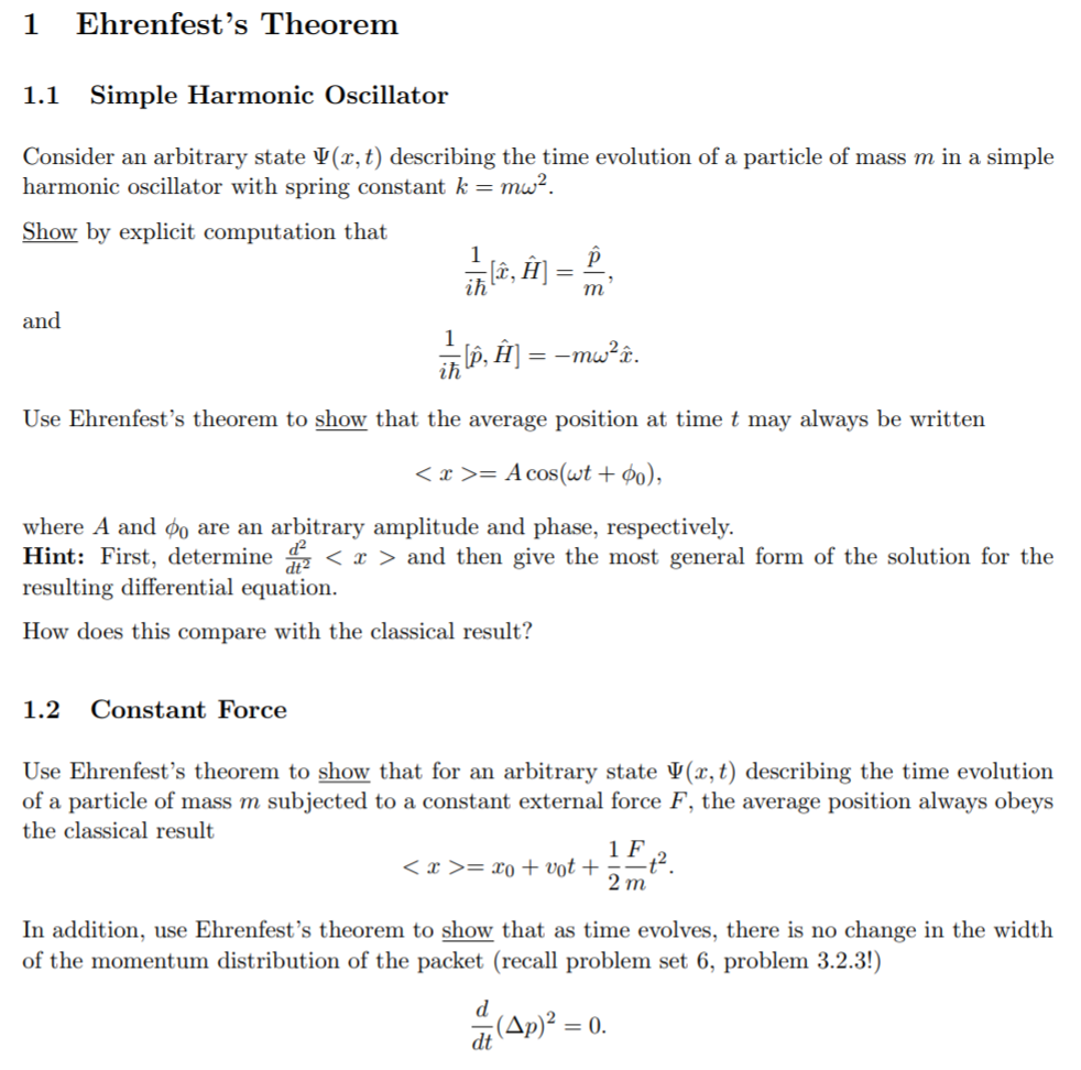 Solved 1 Ehrenfest's Theorem 1.1 Simple Harmonic Oscillator | Chegg.com