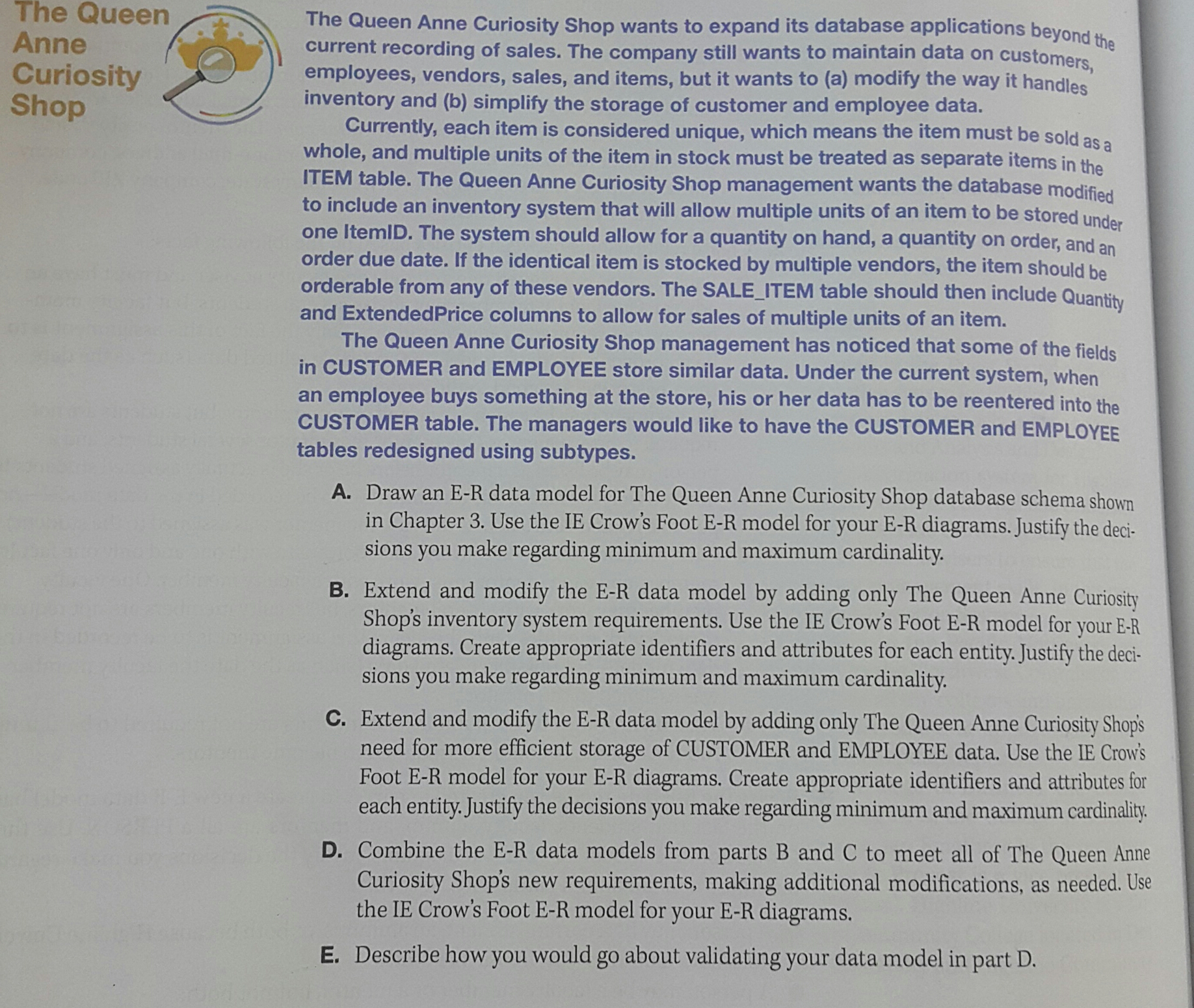 Draw an E-R data model for The Queen Anne Curiosity | Chegg.com