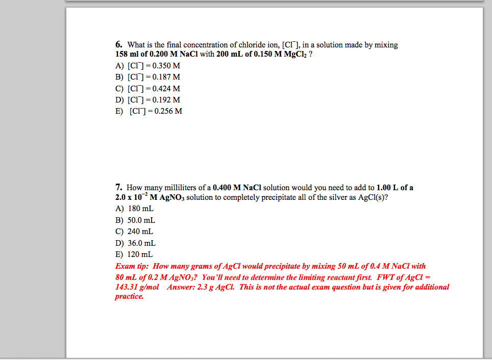 Solved What is the final concentration of chloride ion, | Chegg.com