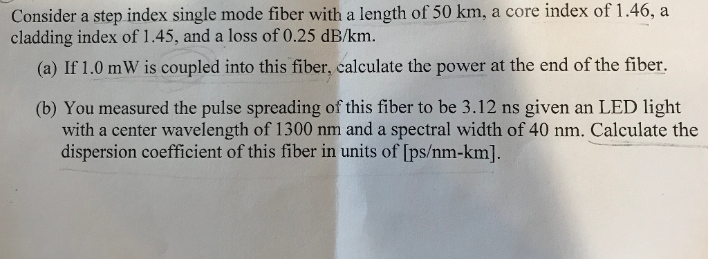 Solved Consider a step index single mode fiber with a length | Chegg.com