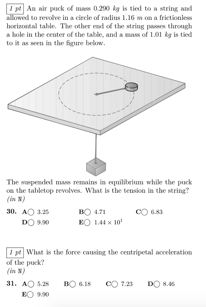 Solved 1 pt An air puck of mass 0.290 kg is tied to a string | Chegg.com