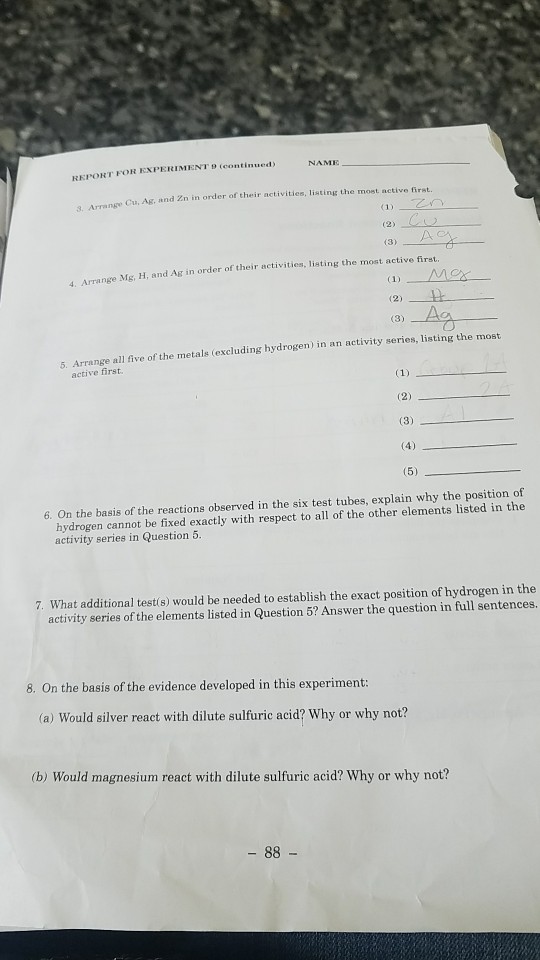 Solved NAME REPORT FOR EXPERIMENT 9 (continued) Cu, Ag, and | Chegg.com