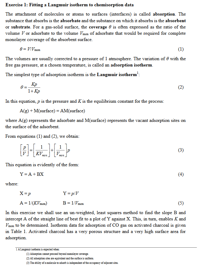 Solved Exercise 1: Fitting a Langmuir isotherm to | Chegg.com
