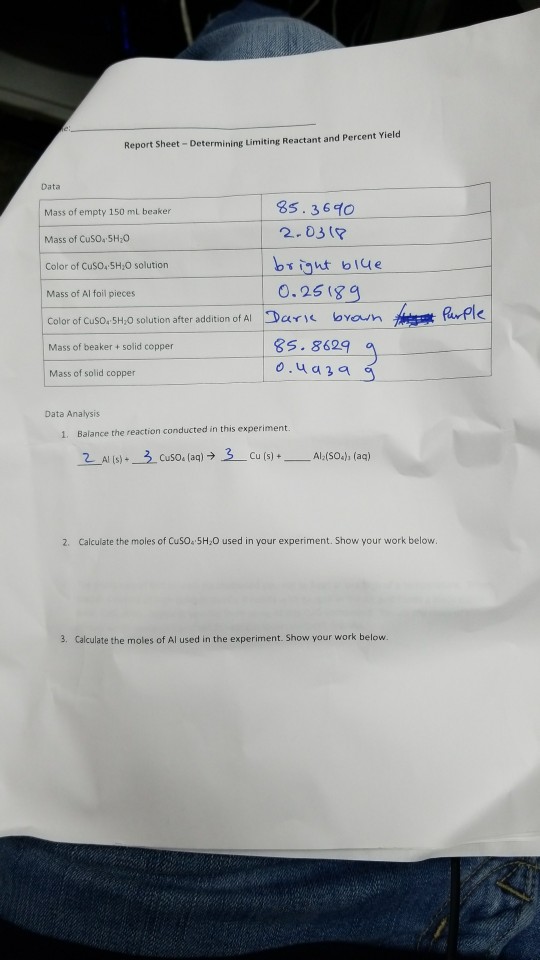 Solved Report Sheet - Determining Limiting Reactant and | Chegg.com