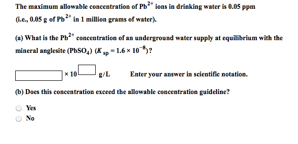 The maximum allowable concentration of Pb^2+ ions in | Chegg.com