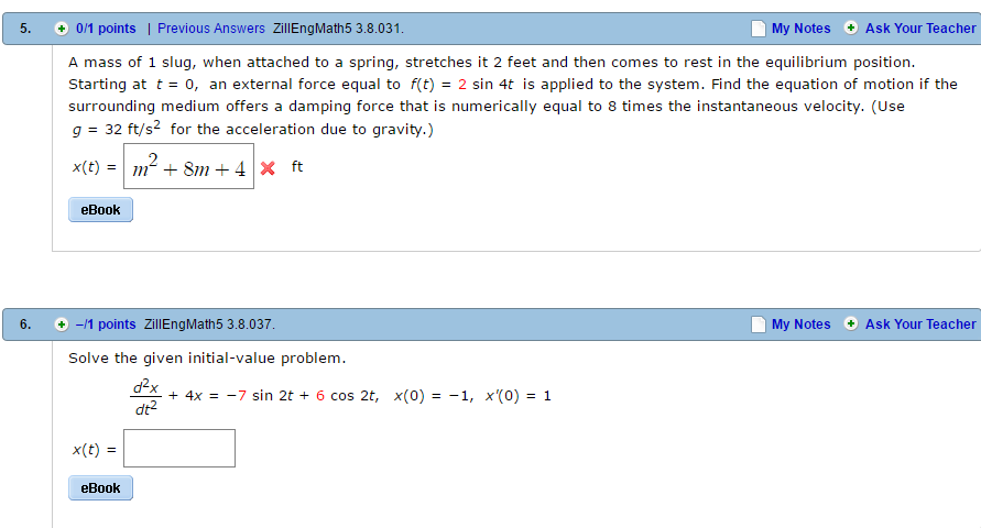 Solved A mass of 1 slug, when attached to a spring, | Chegg.com