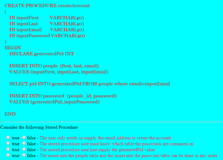 Solved CREATE PROCEDURE createAccount IN inputFirst | Chegg.com