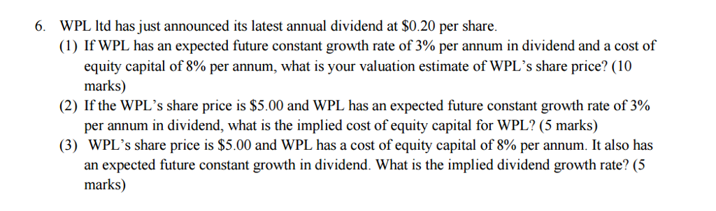 Solved WPL ltd has just announced its latest annual dividend | Chegg.com