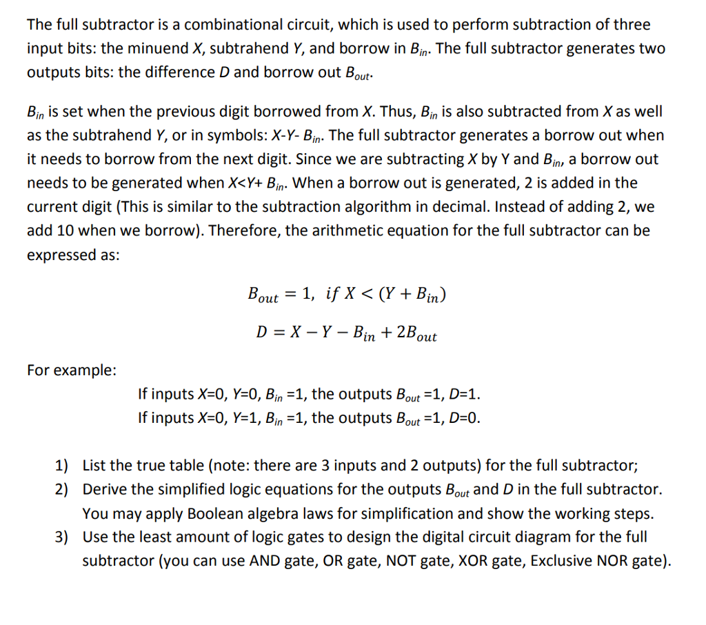 The full subtractor is a combinational circuit, which | Chegg.com