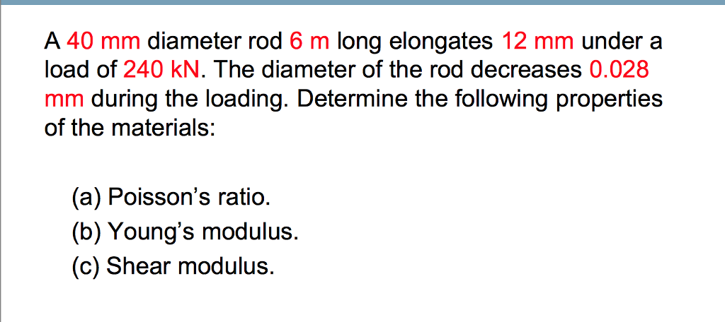 Solved A 40 mm diameter rod 6 m long elongates 12 mm under a | Chegg.com