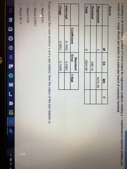 Solved Following is an incomplete portion of Excel output | Chegg.com
