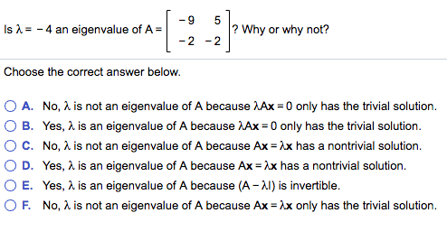 Solved Is lambda = - 4 an eigenvalue of A = [-9 5 -2 -2]? | Chegg.com