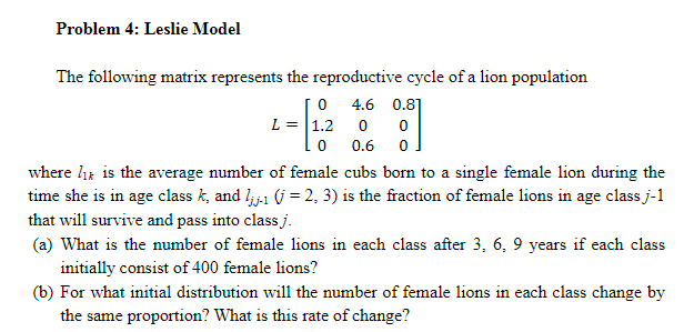 Solved Problem 4: Leslie Model The following matrix | Chegg.com