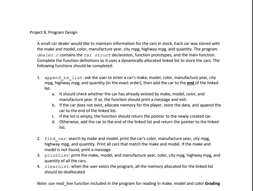 Solved Project 8, Program Design A small car dealer would | Chegg.com