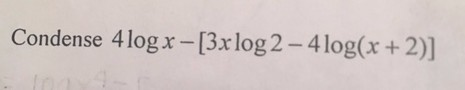 Solved Condense 4 log x - [3x log 2 - 4 log(x + 2)] | Chegg.com
