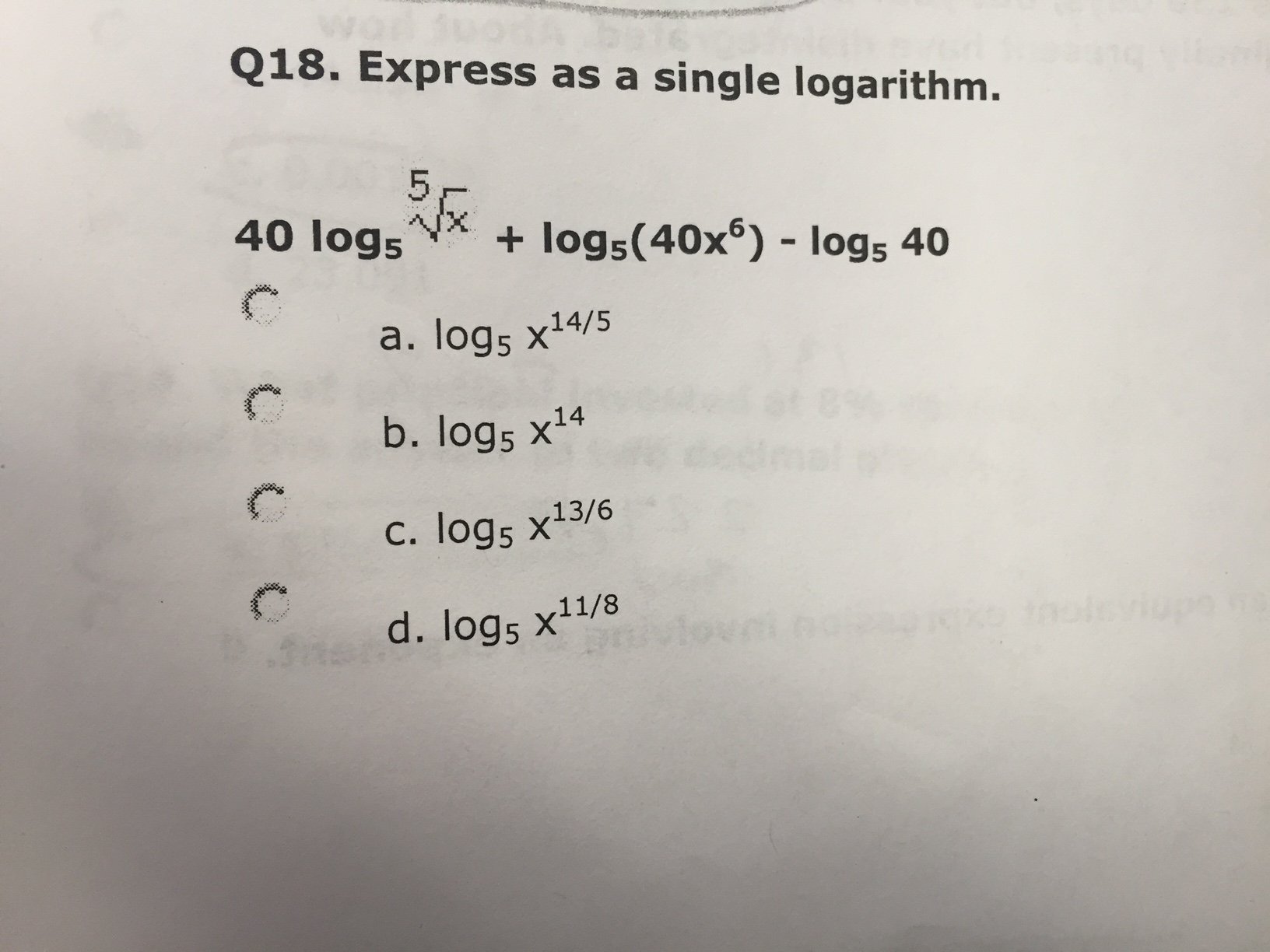 Solved Express as a single logarithm. 40 log5 fifth root x + | Chegg.com