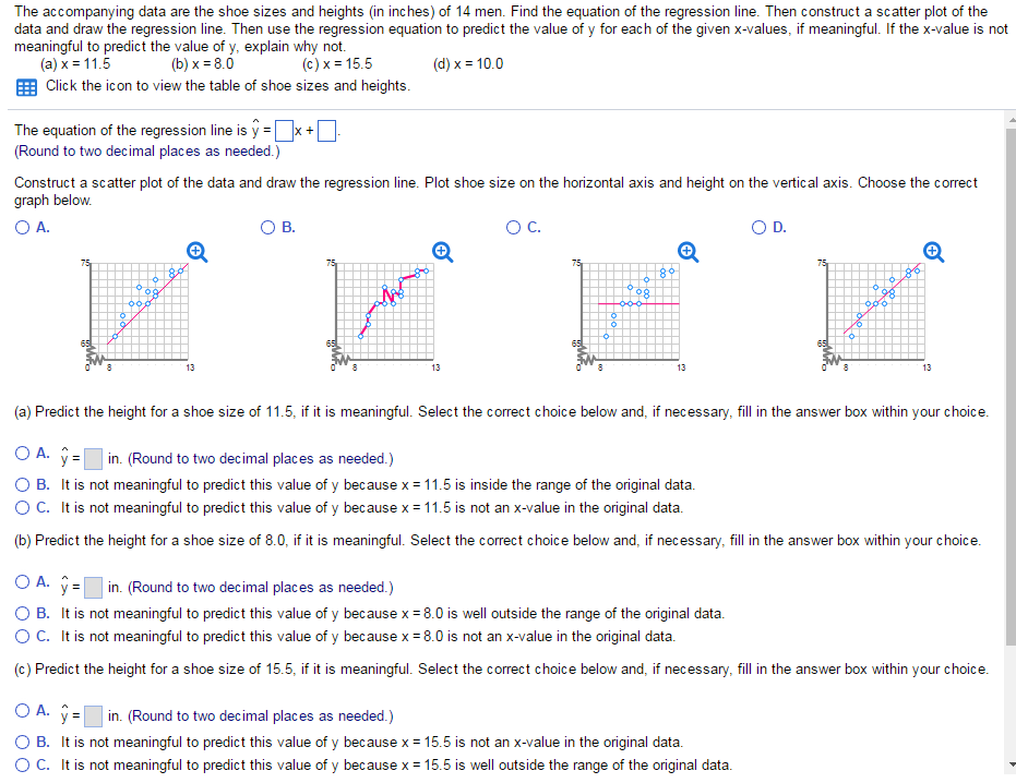 Solved The accompanying data are the shoes size and height | Chegg.com