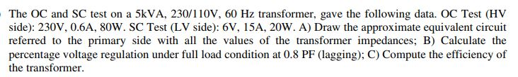 Solved The OC and SC test on a 5kVA, 230/110V, 60 Hz | Chegg.com
