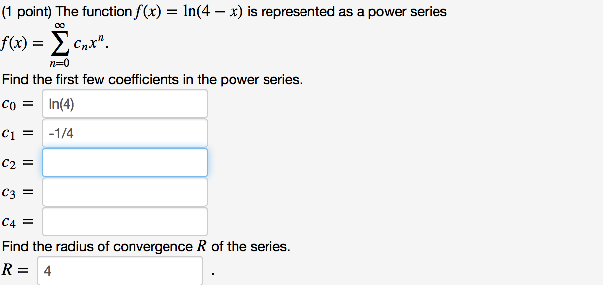 Solved (1 point) The functionf(x) = ln(4-x) is represented | Chegg.com