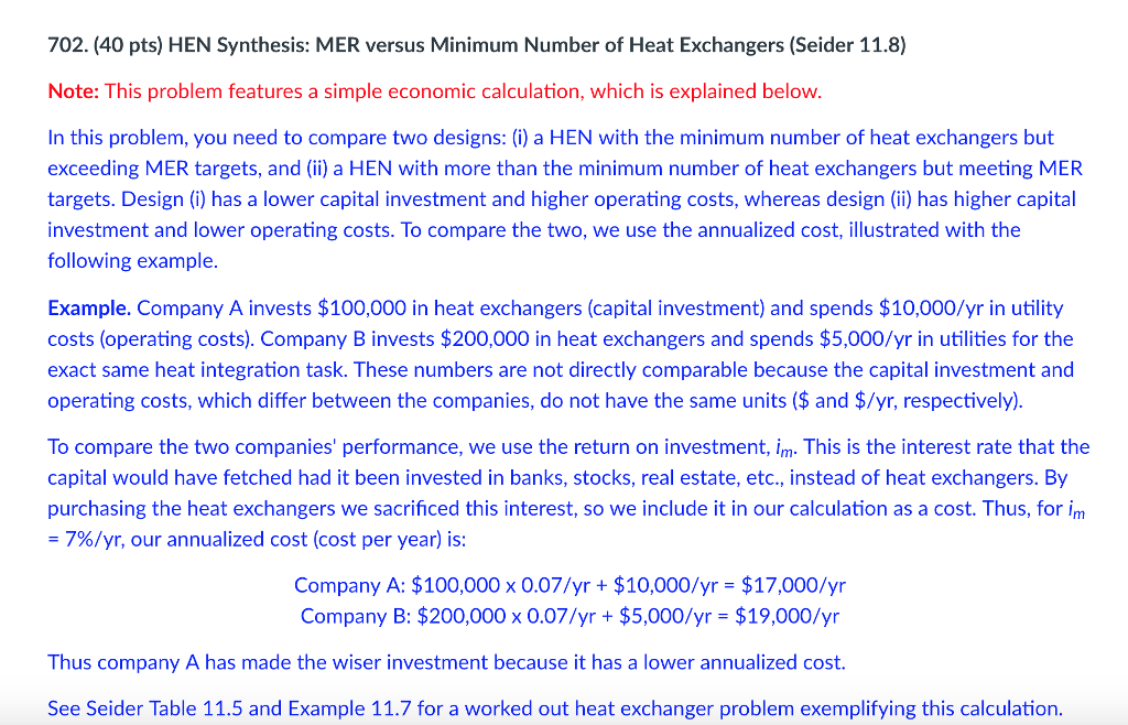 702. (40 pt) HEN Synthesis: MER versus Minimum Number | Chegg.com