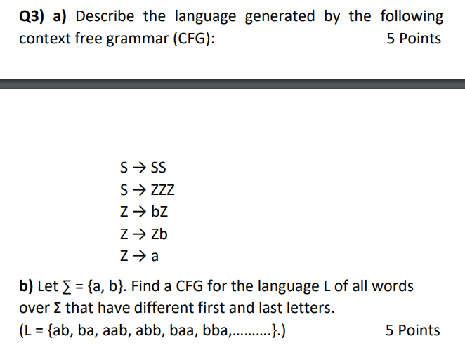 Solved Q3) a) Describe the language generated by the | Chegg.com