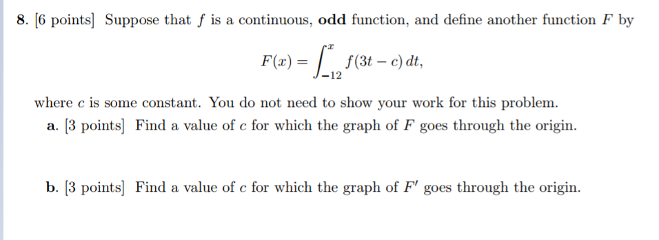 Solved 8. [6 points Suppose that f is a continuous, odd | Chegg.com