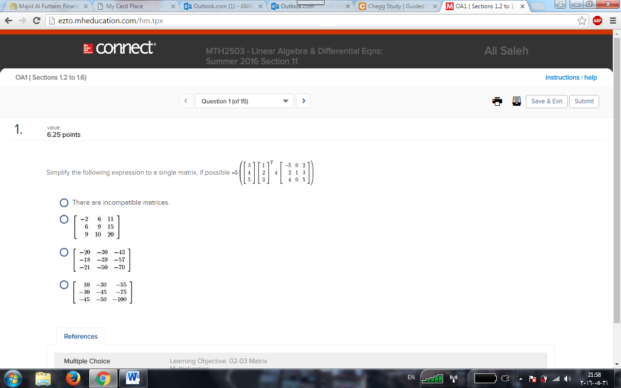Solved Simplify the following expression to a single matrix, | Chegg.com