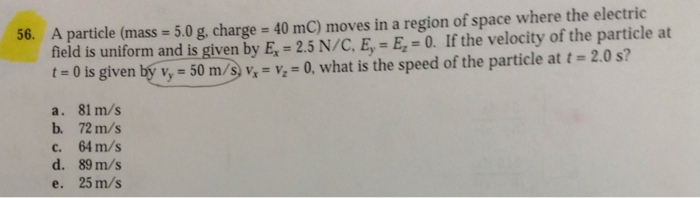 Solved A particle (mass = 5.0 g, charge = 40 mC) moves in a | Chegg.com