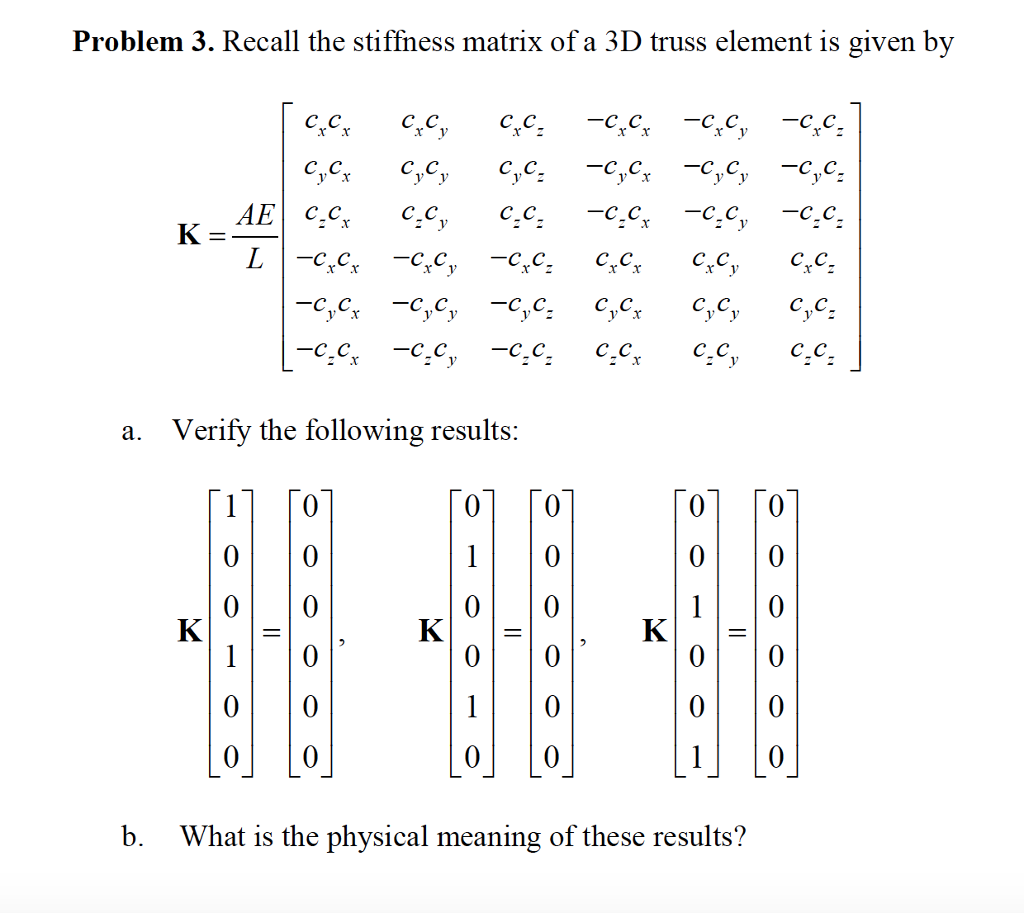 Solved Recall the stiffness matrix of a 3D truss element is | Chegg.com