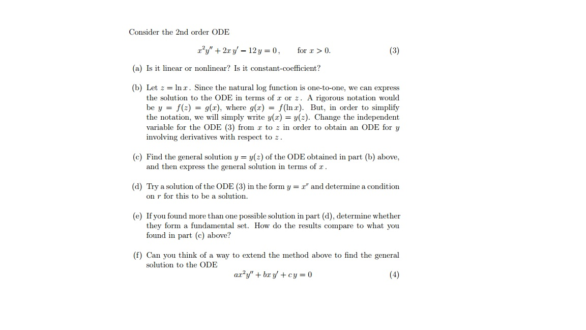 Solved Consider the 2nd order ODE x^2y^Double' + 2xy^prime | Chegg.com