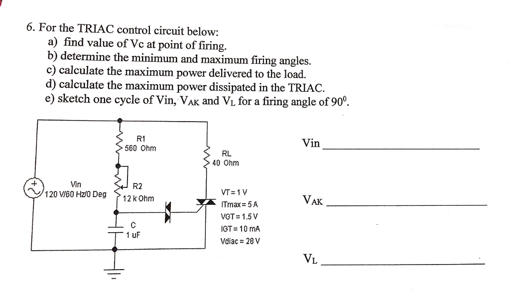 For the TRIAC control circuit below: a) find value | Chegg.com