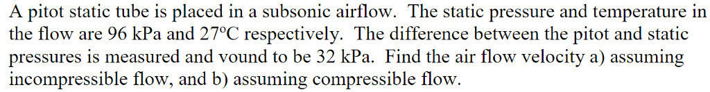 Solved A pitot static tube is placed in a subsonic airflow. | Chegg.com